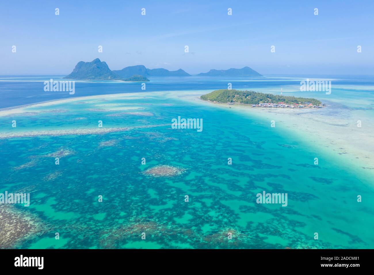 Aerial view of the island in semporna and sea gypsy water village ...