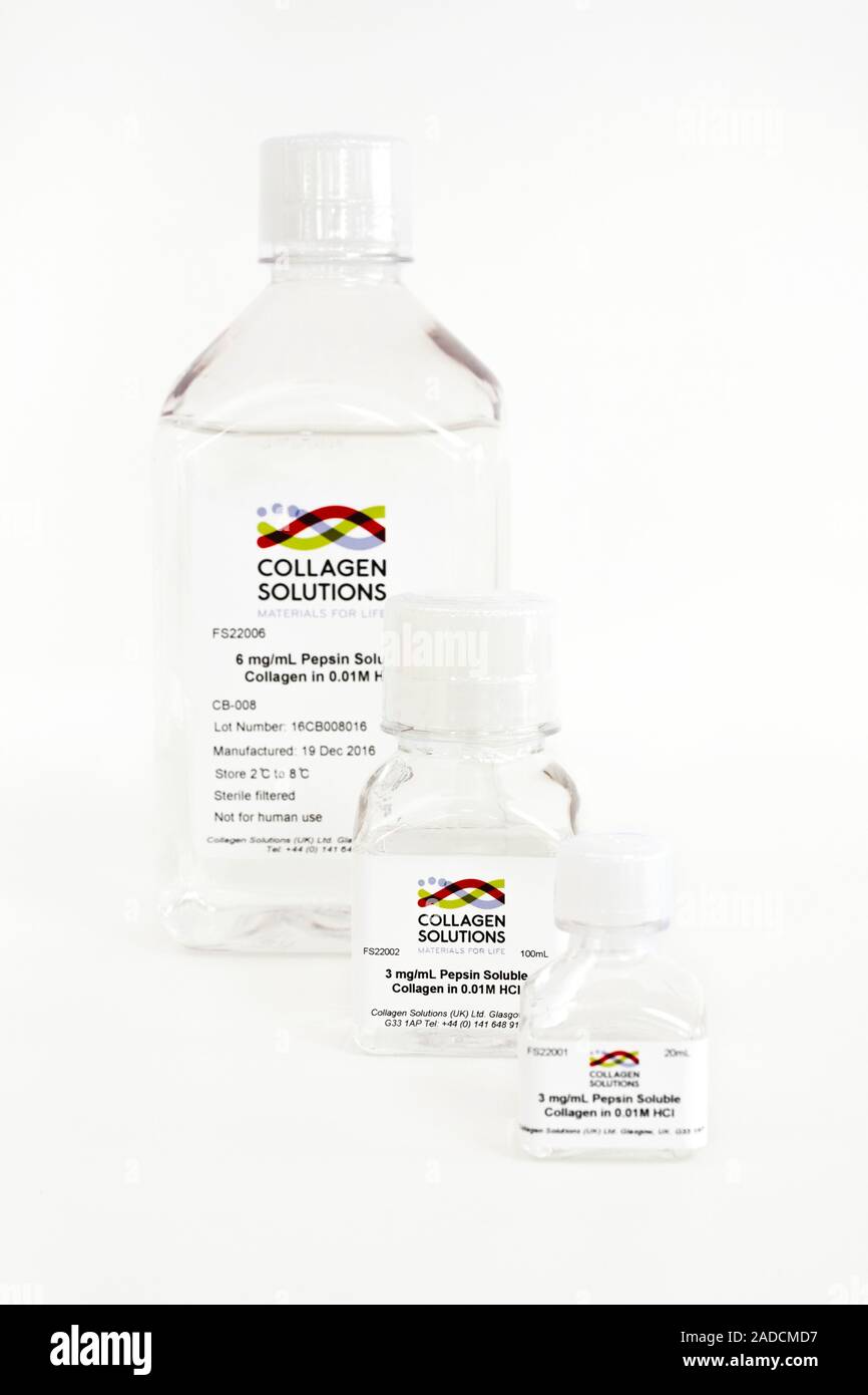 Collagen solutions. Bottles containing soluble purified, medical grade ...