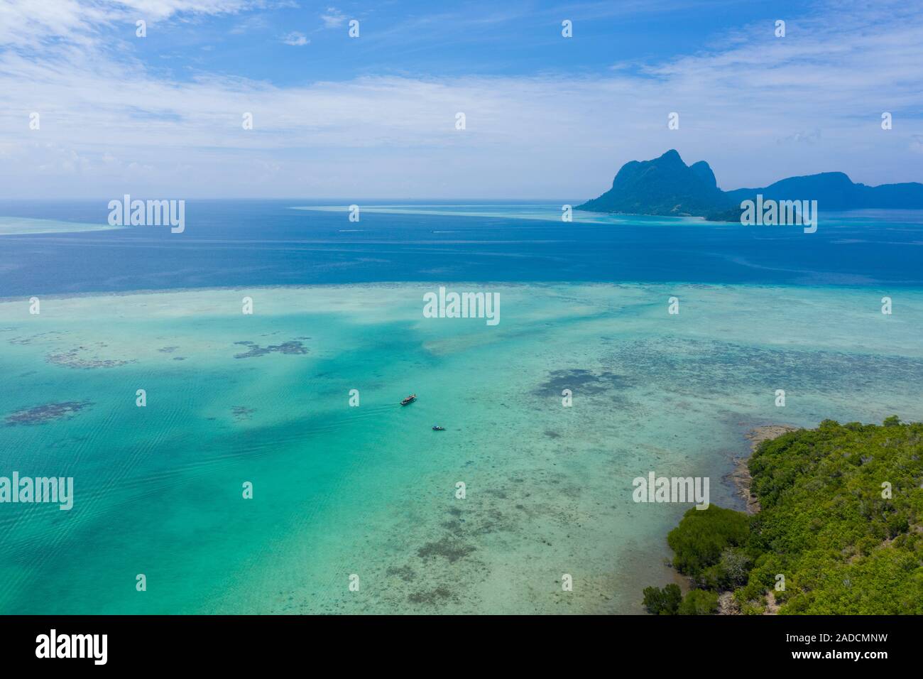 Aerial view of the island in semporna and sea gypsy water village ...