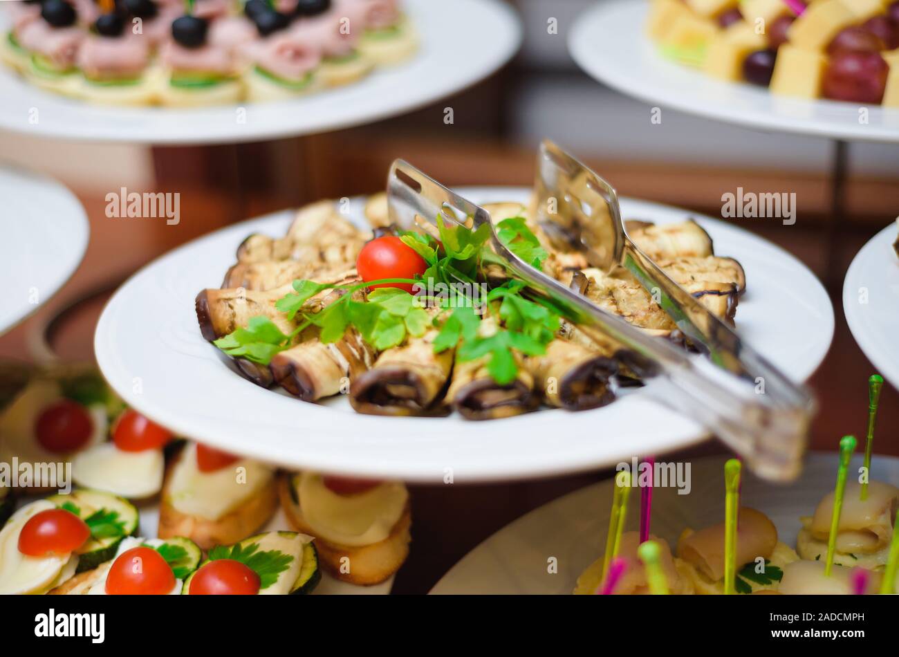 food buffet in restaurant, snack at the conference, catering Stock ...