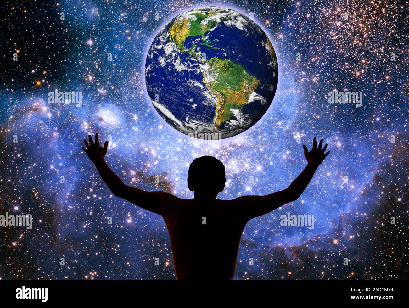 Contemplating the Earth in space. Conceptual illustration of a ...