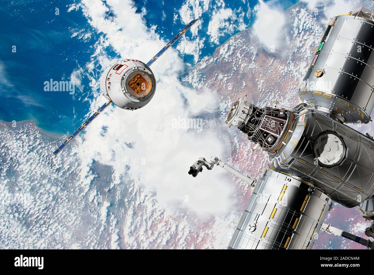 Illustration of an unmanned reusable cargo ship approaching the ...