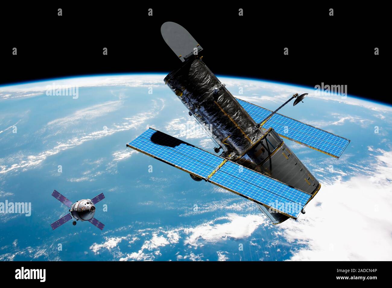 Illustration of a manned Crew Exploration Vehicle (CEV) approaching the ...