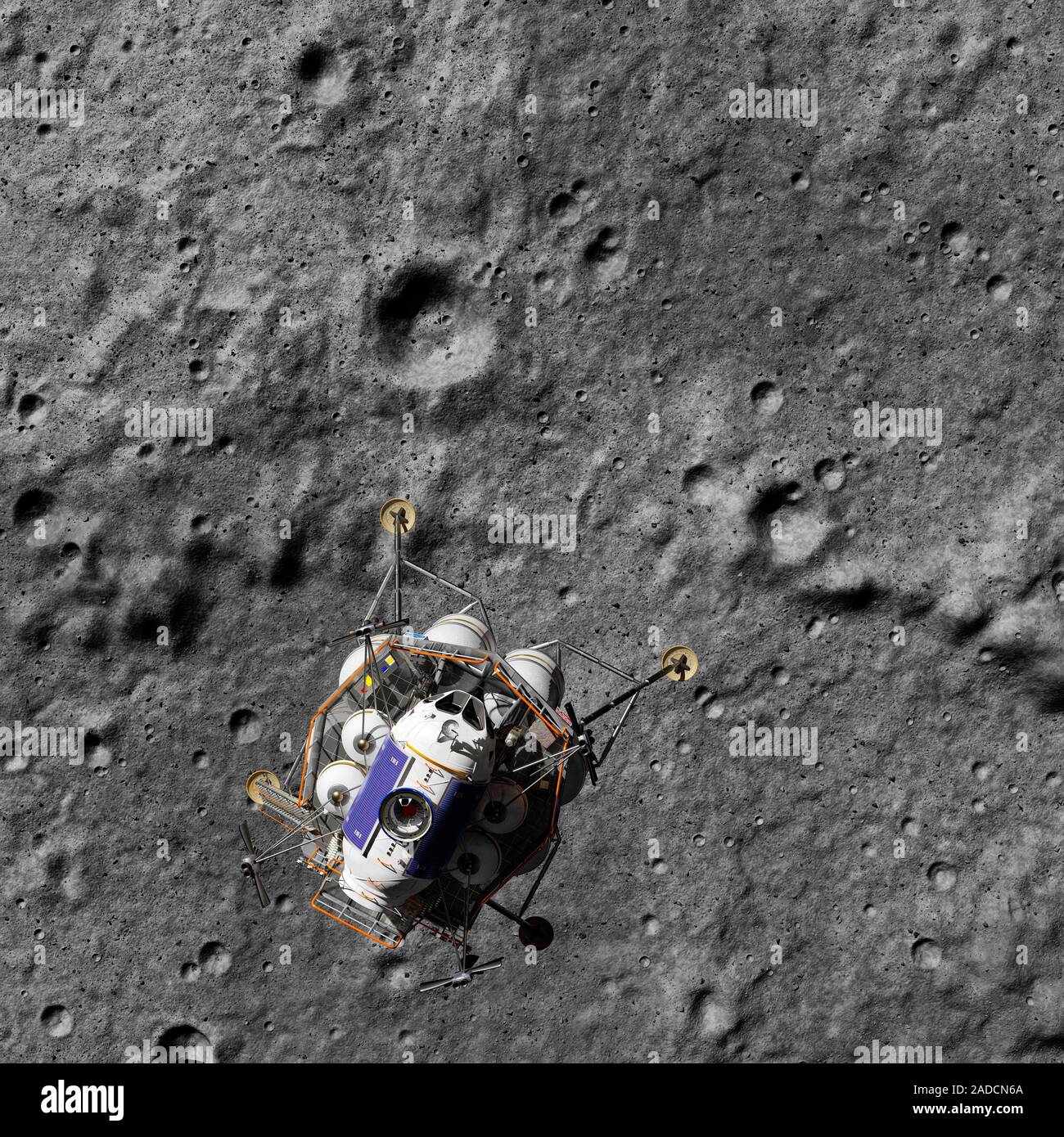 Illustration of a manned lunar lander flying over the Moon in ...