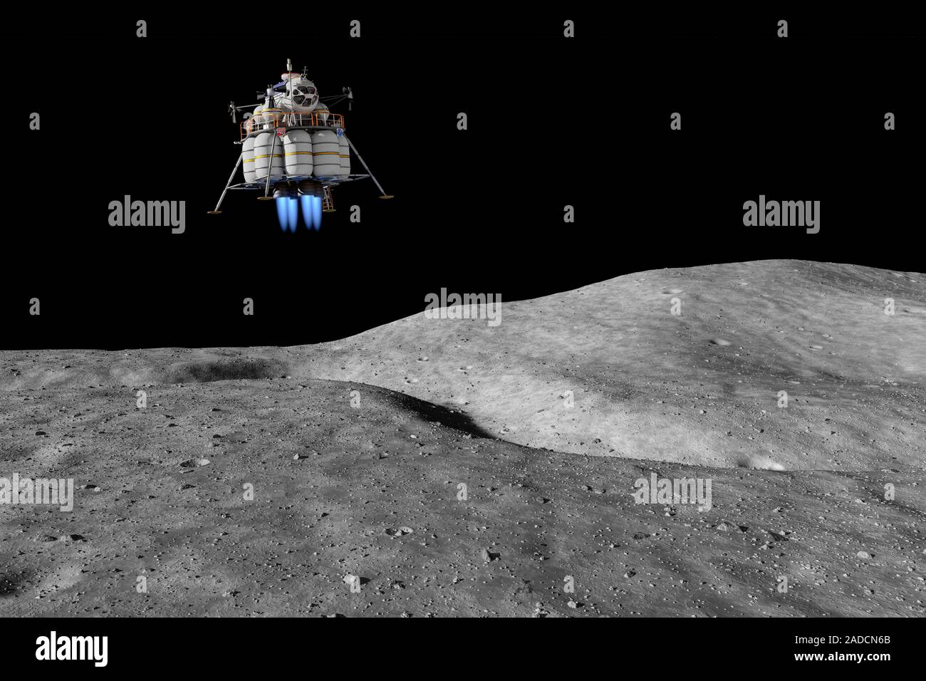 Illustration of a manned lunar lander flying over a rille (a fissure ...