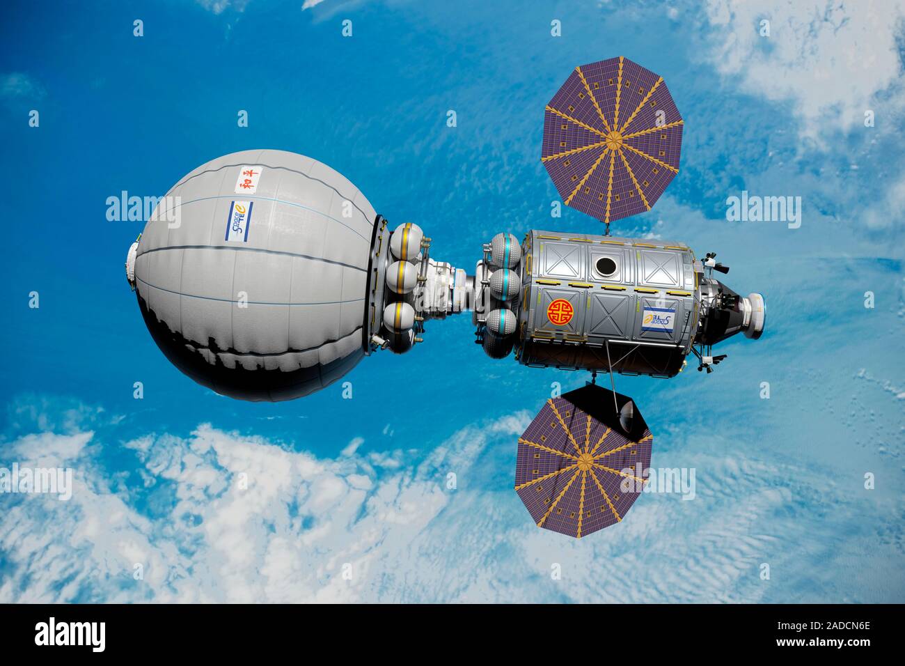 Illustration of a manned habitat, or small space station, orbiting ...