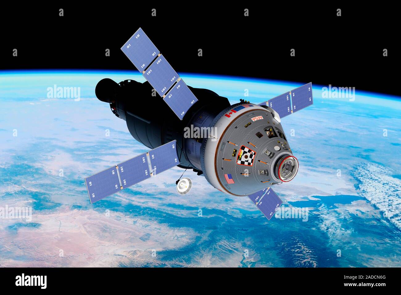 Illustration of a manned Crew Exploration Vehicle (CEV) still attached ...