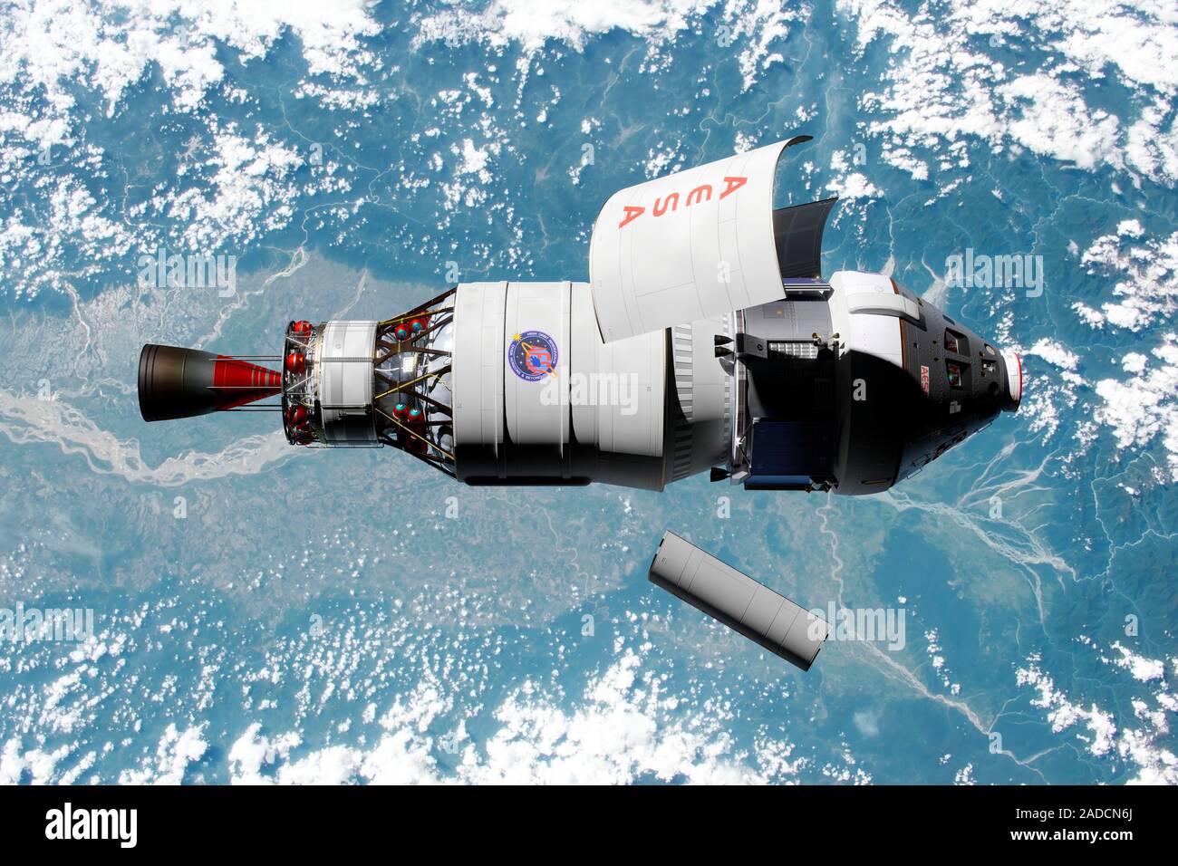 Illustration of a manned Crew Exploration Vehicle (CEV) shedding its ...