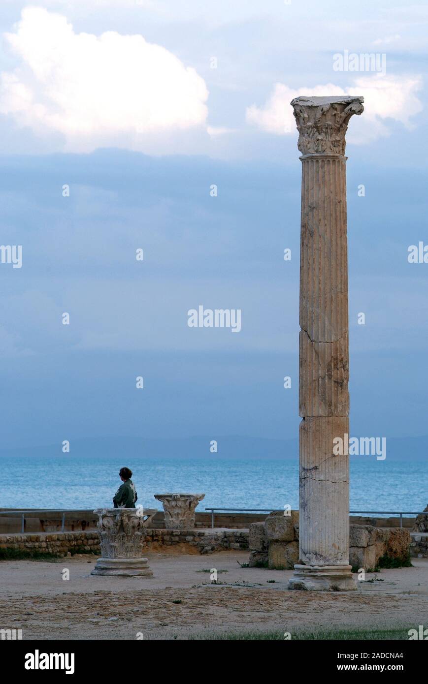 Column at Baths of Antoninus, Carthage. Ruins by the sea of the thermae ...