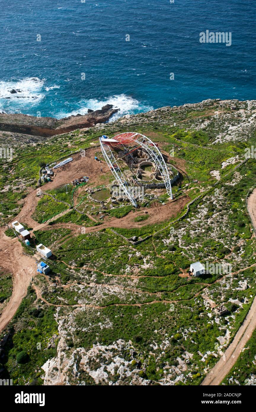 Mnajdra temple ruins on the island of Malta, aerial photograph. The artificial structure is ...