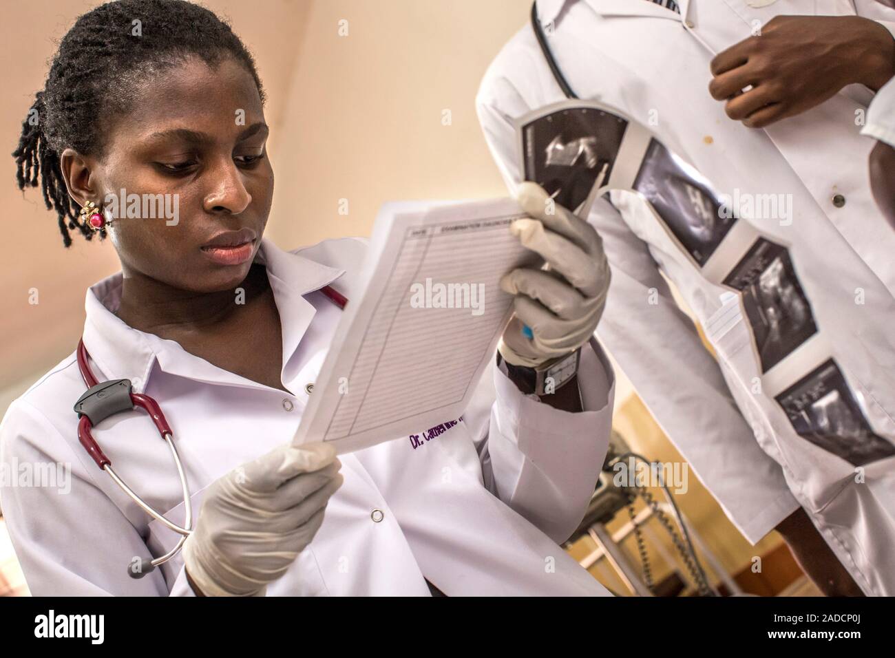Hospital ward notes. Doctor reading patient notes during her ward round ...