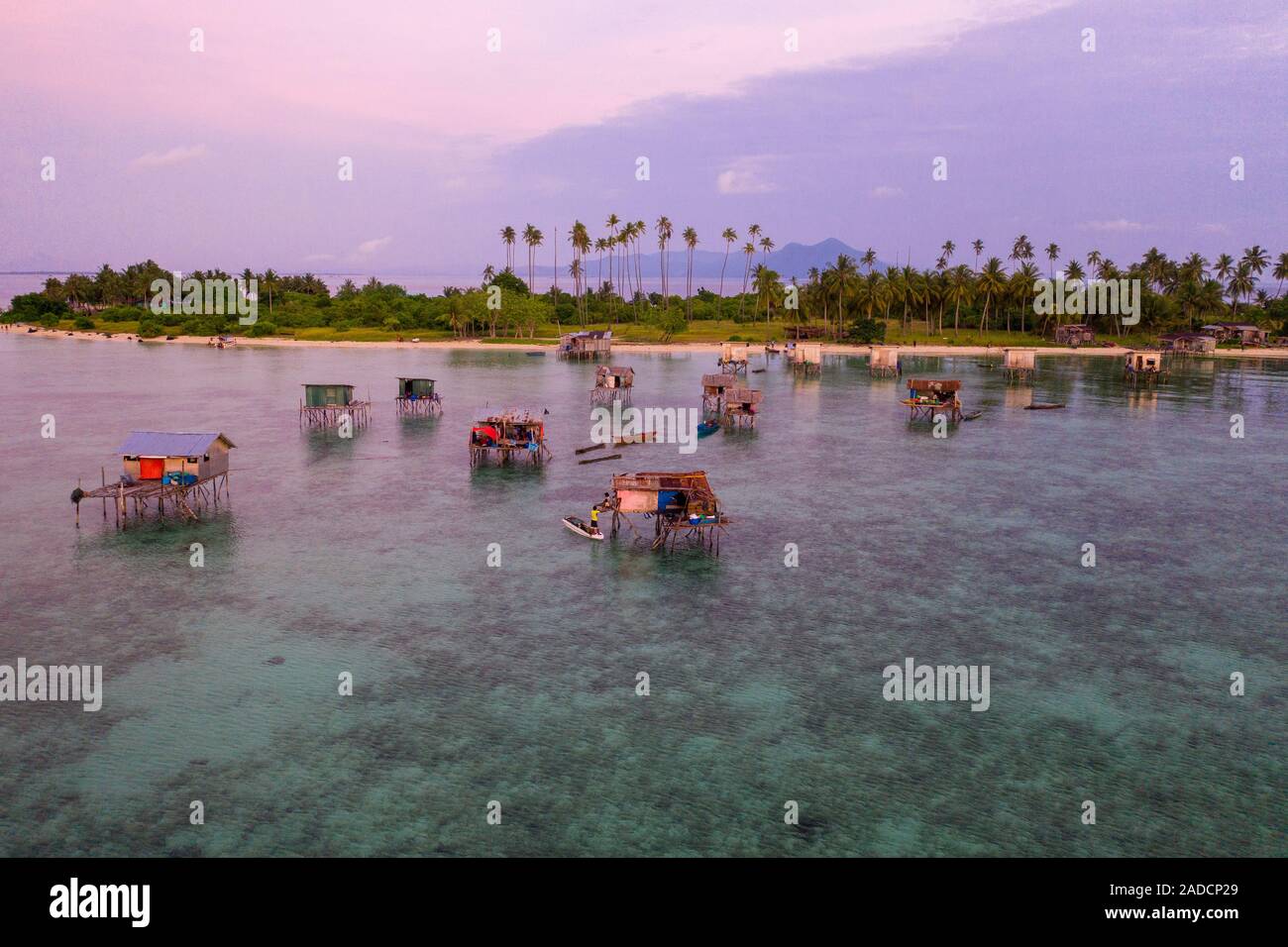 Aerial view of the island in semporna and sea gypsy water village ...