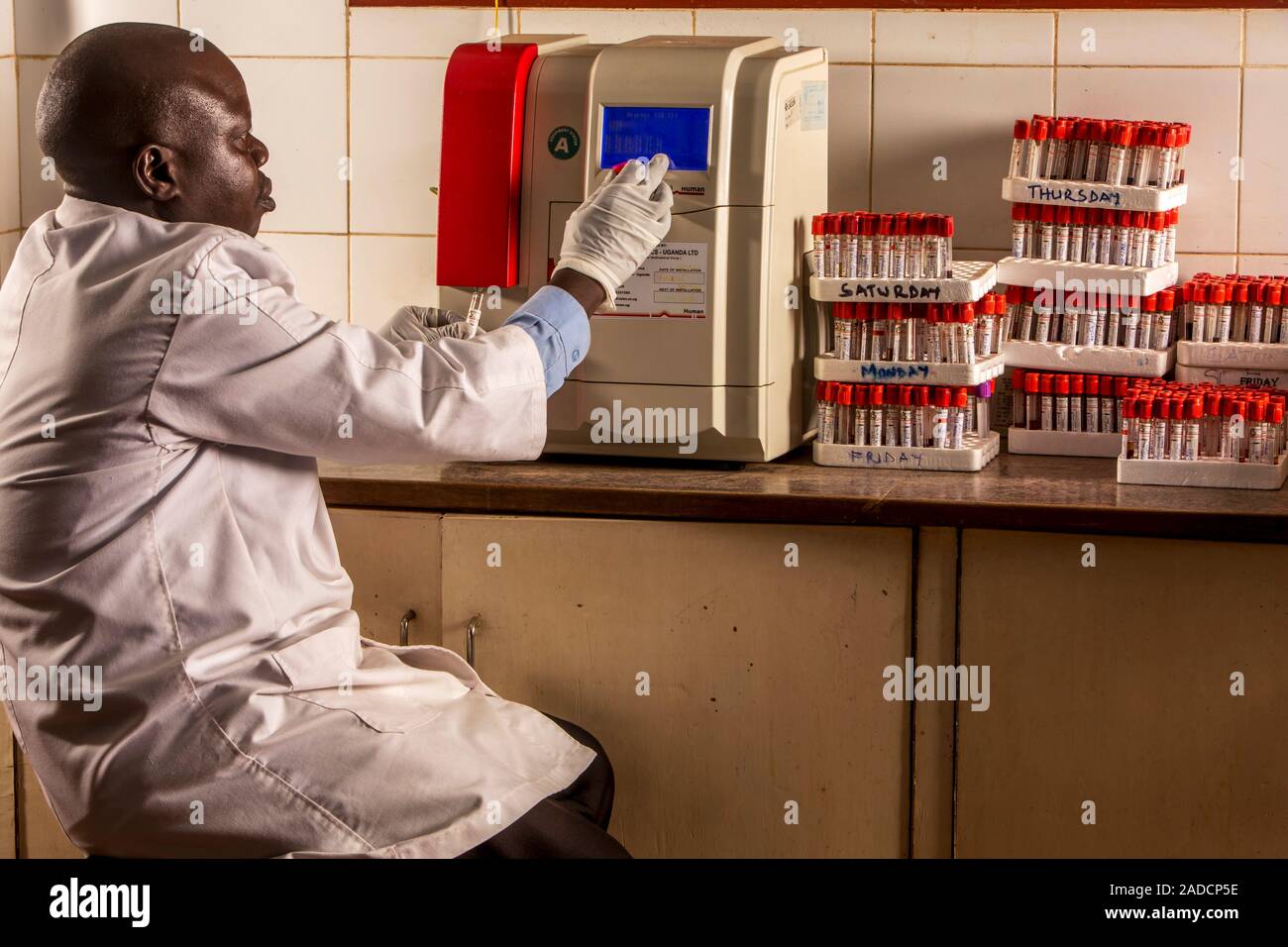 Blood sample analysis. Laboratory worker using a machine to analyse ...