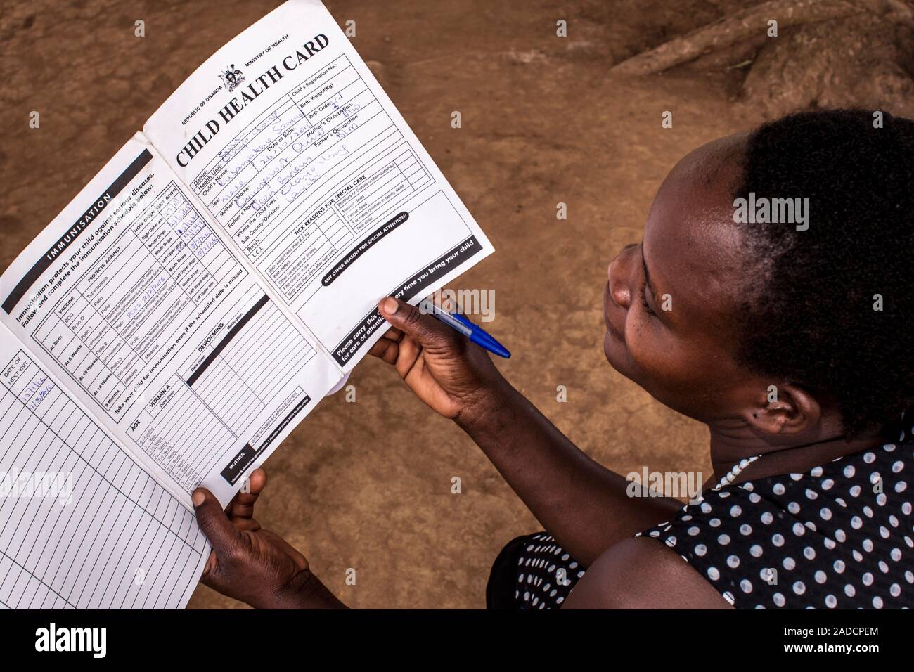 Childhood vaccination record. Mother reading her child's health card ...