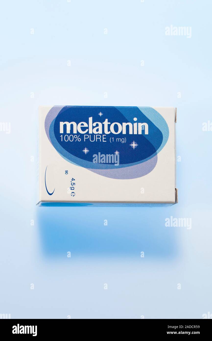 Melatonin hormone packaging. Melatonin is a hormone secreted by the ...