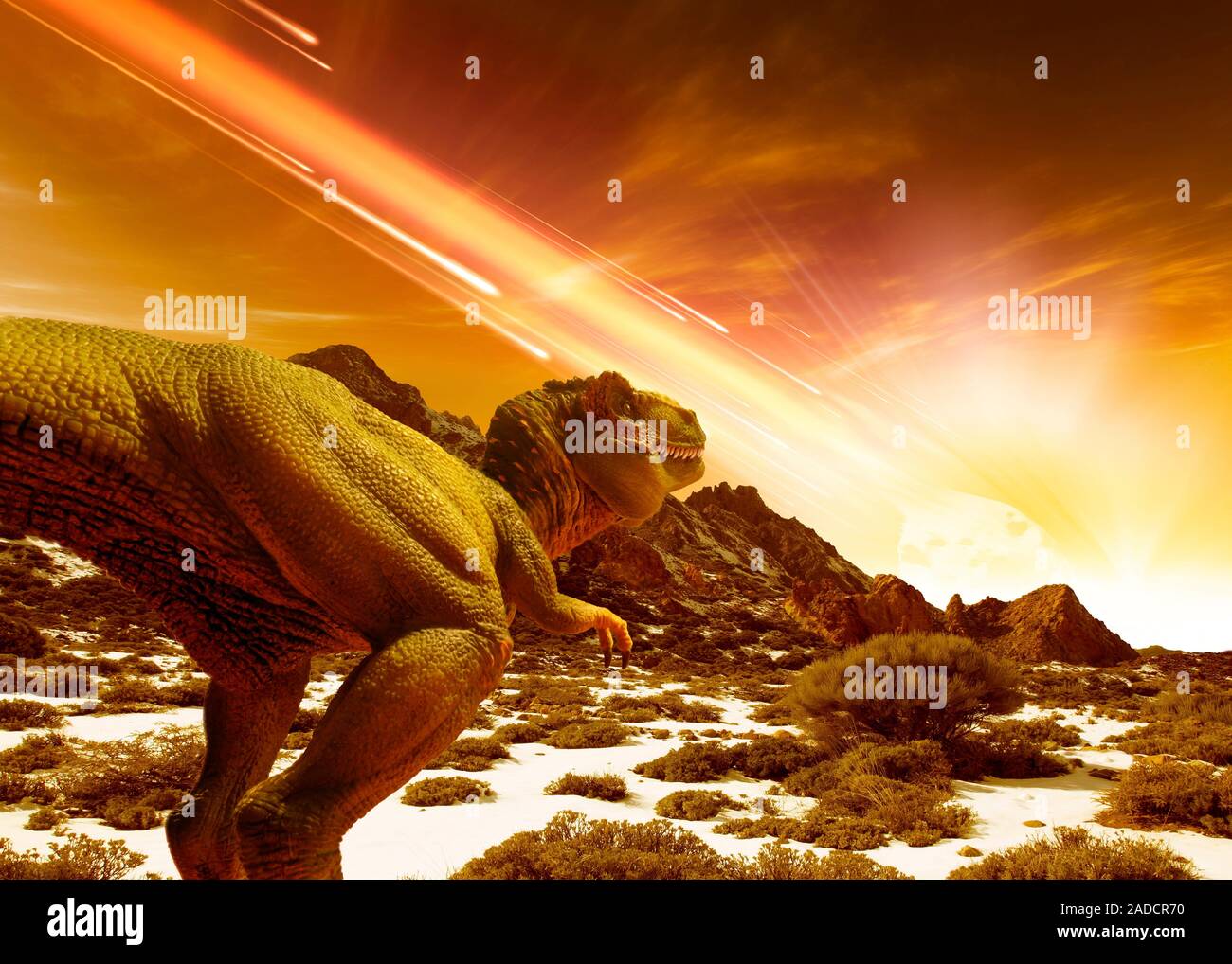 End of the dinosaurs. Illustration of a Tyrannosaurus rex dinosaur in a depiction of the event ...