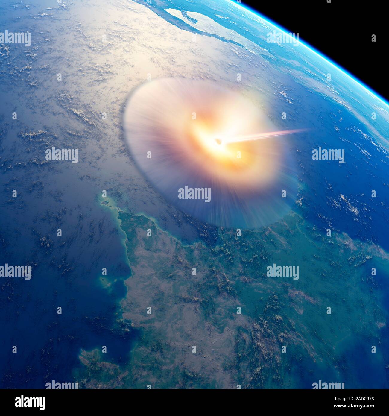 Chicxulub impact event. Illustration of the asteroid impact that is thought to have caused the ...