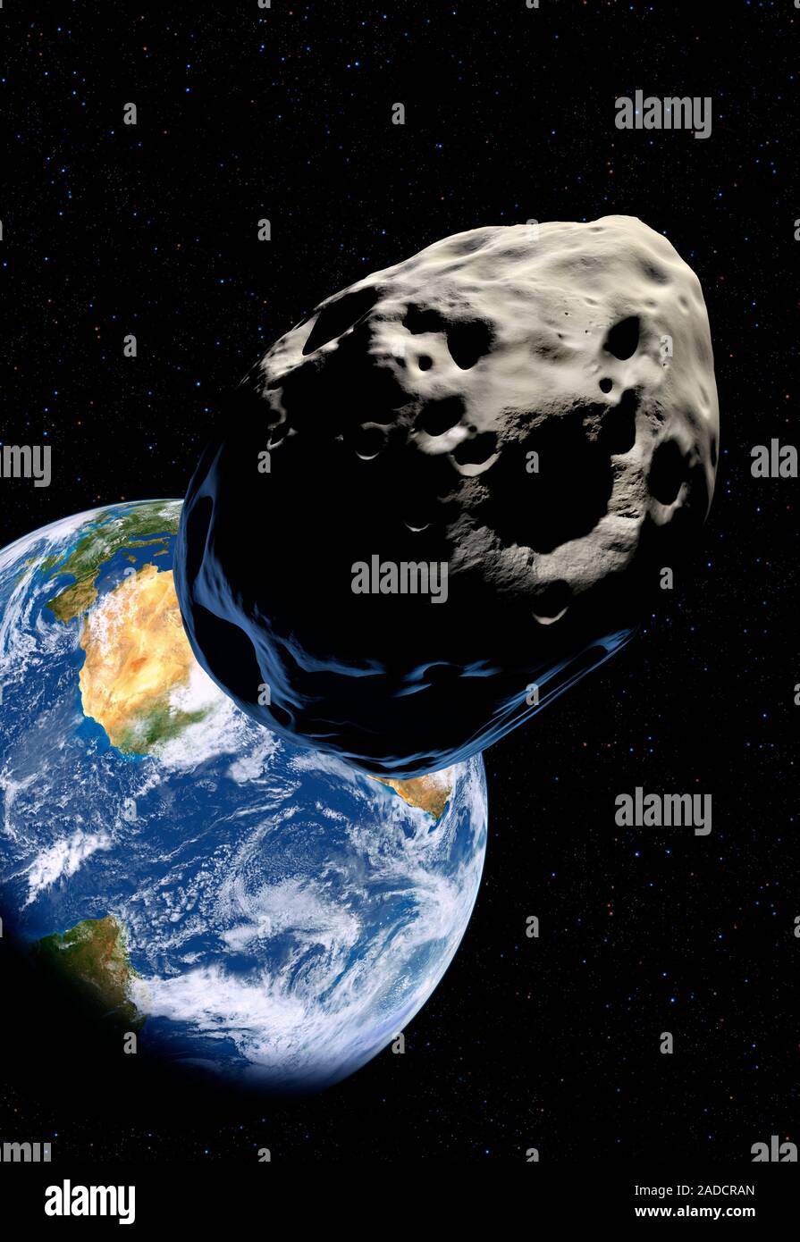 Asteroid approaching Earth, illustration. This asteroid is an example of a near-Earth object ...