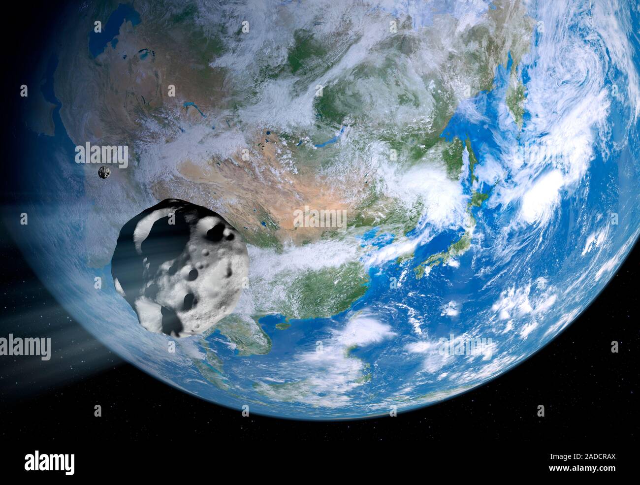 Asteroid approaching Earth, illustration. This asteroid is an example ...