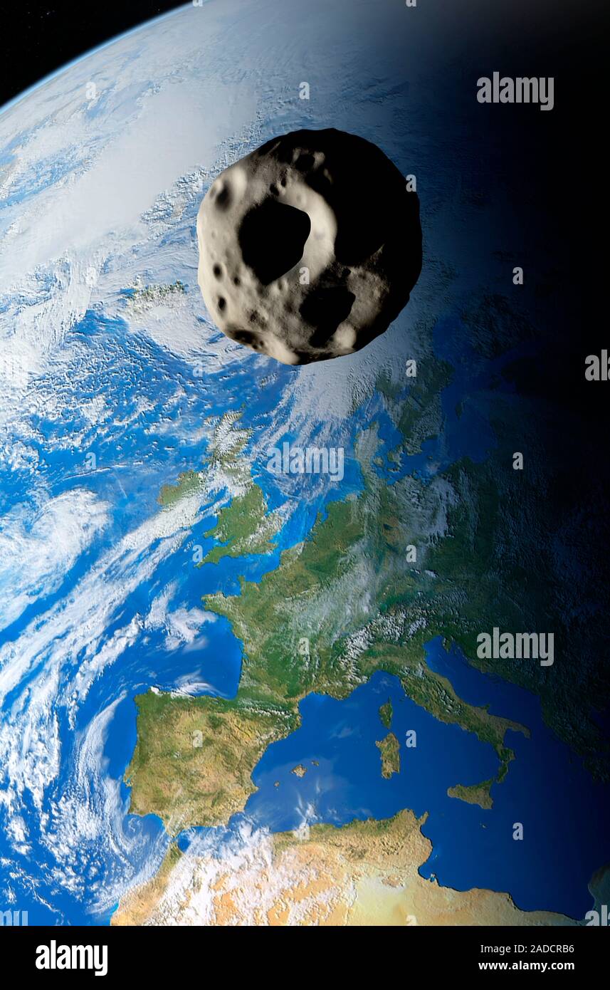 Asteroid approaching Earth, illustration. This asteroid is an example ...