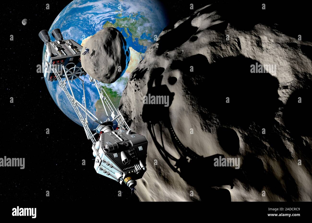 Asteroid mining, illustration. Spacecraft mining on an asteroid near ...