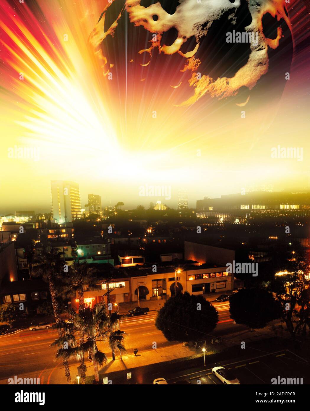 Meteorite fireball over city. Illustration of a fireball over a city as ...