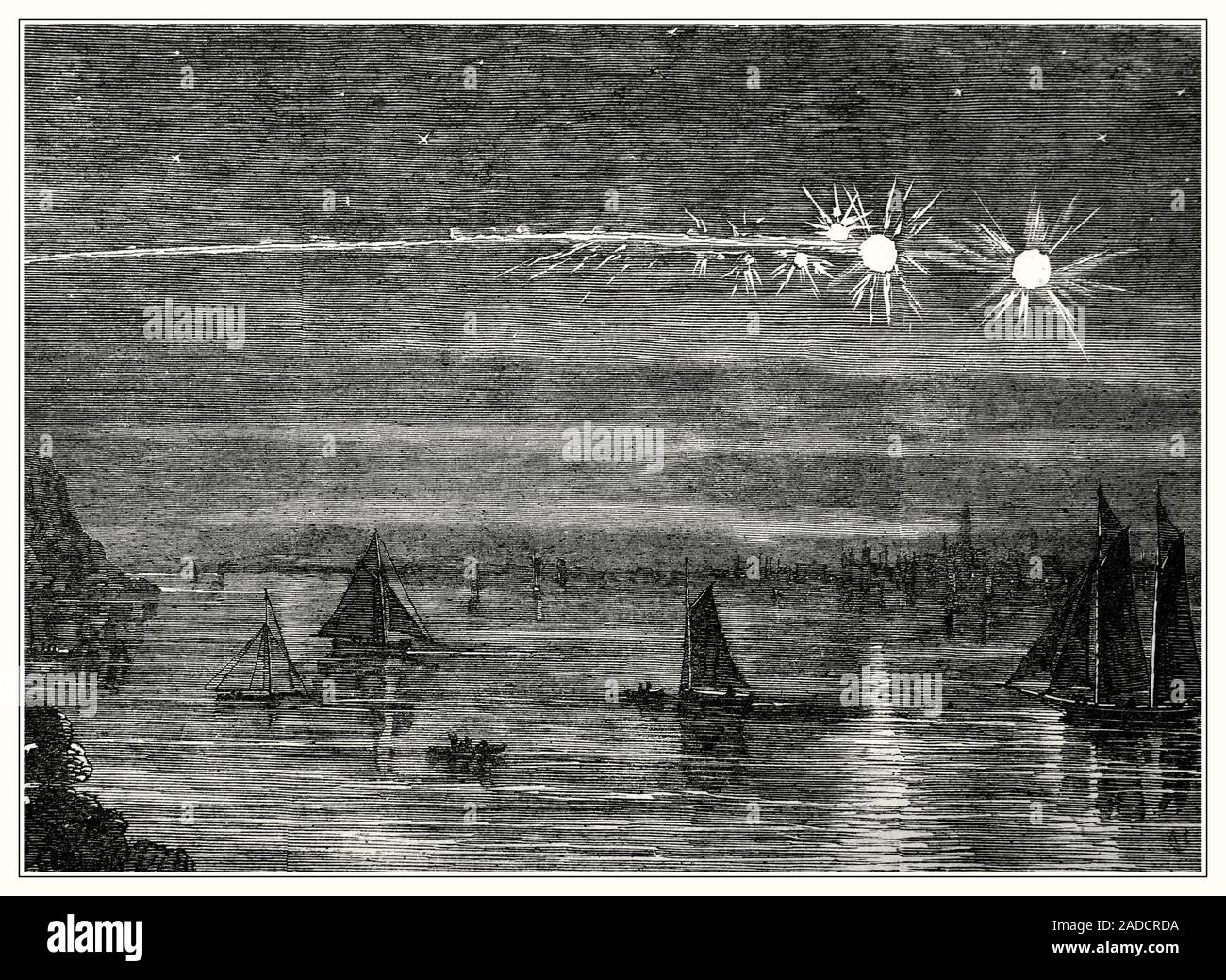 Meteor display over New York, 1860. Illustration of the Great Meteor ...