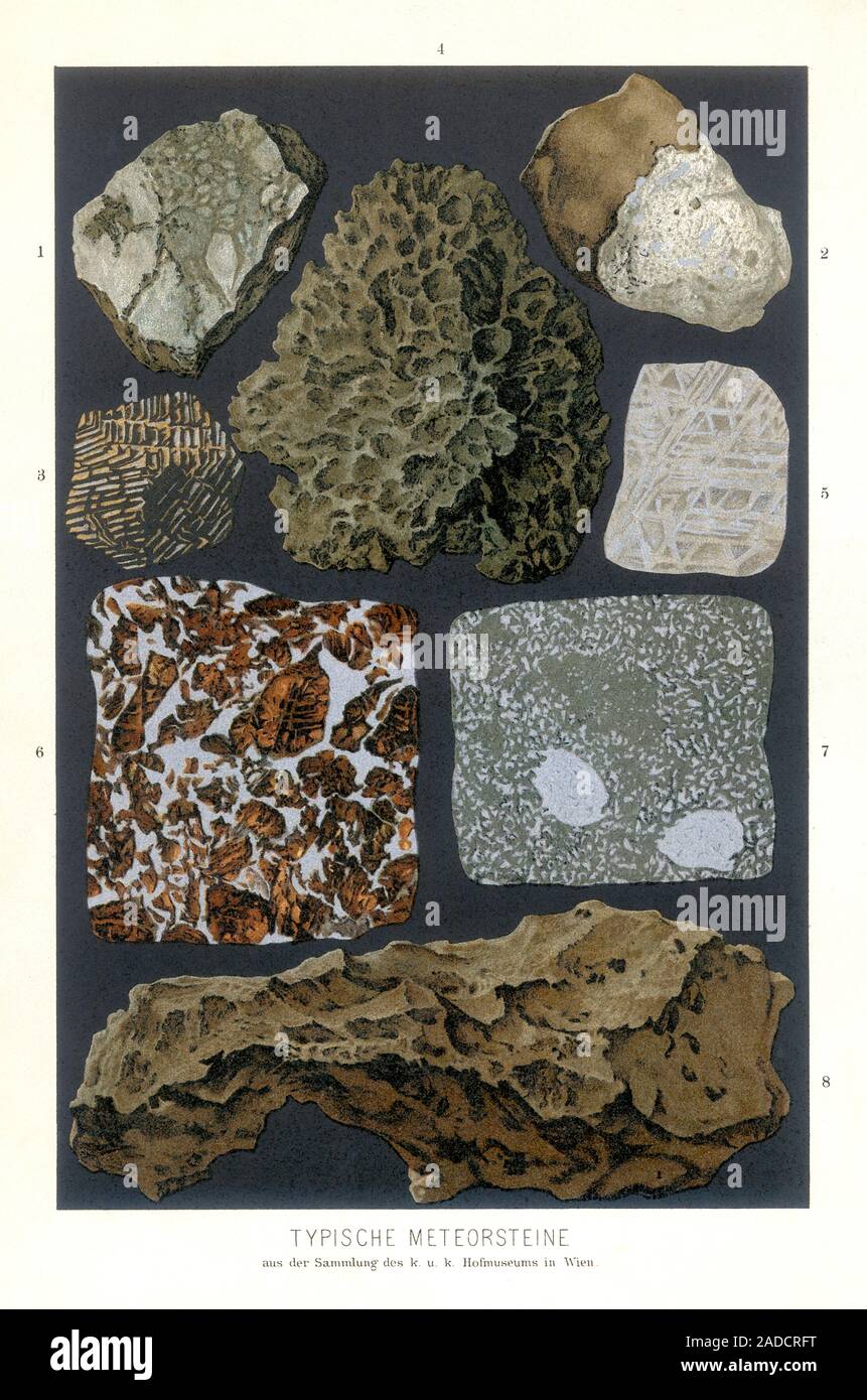 Meteorite specimens, 19th-century illustration. The specimens are ...