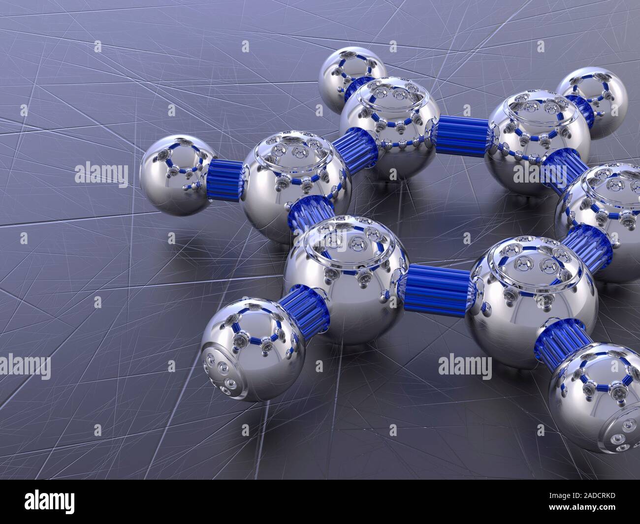 Benzene. Computer graphic of a molecule of benzene. The carbon atoms ...