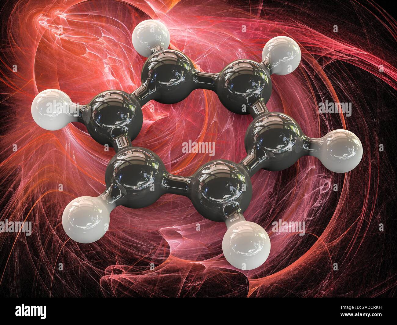 Benzene. Computer graphic of a molecule of benzene. The atoms are ...