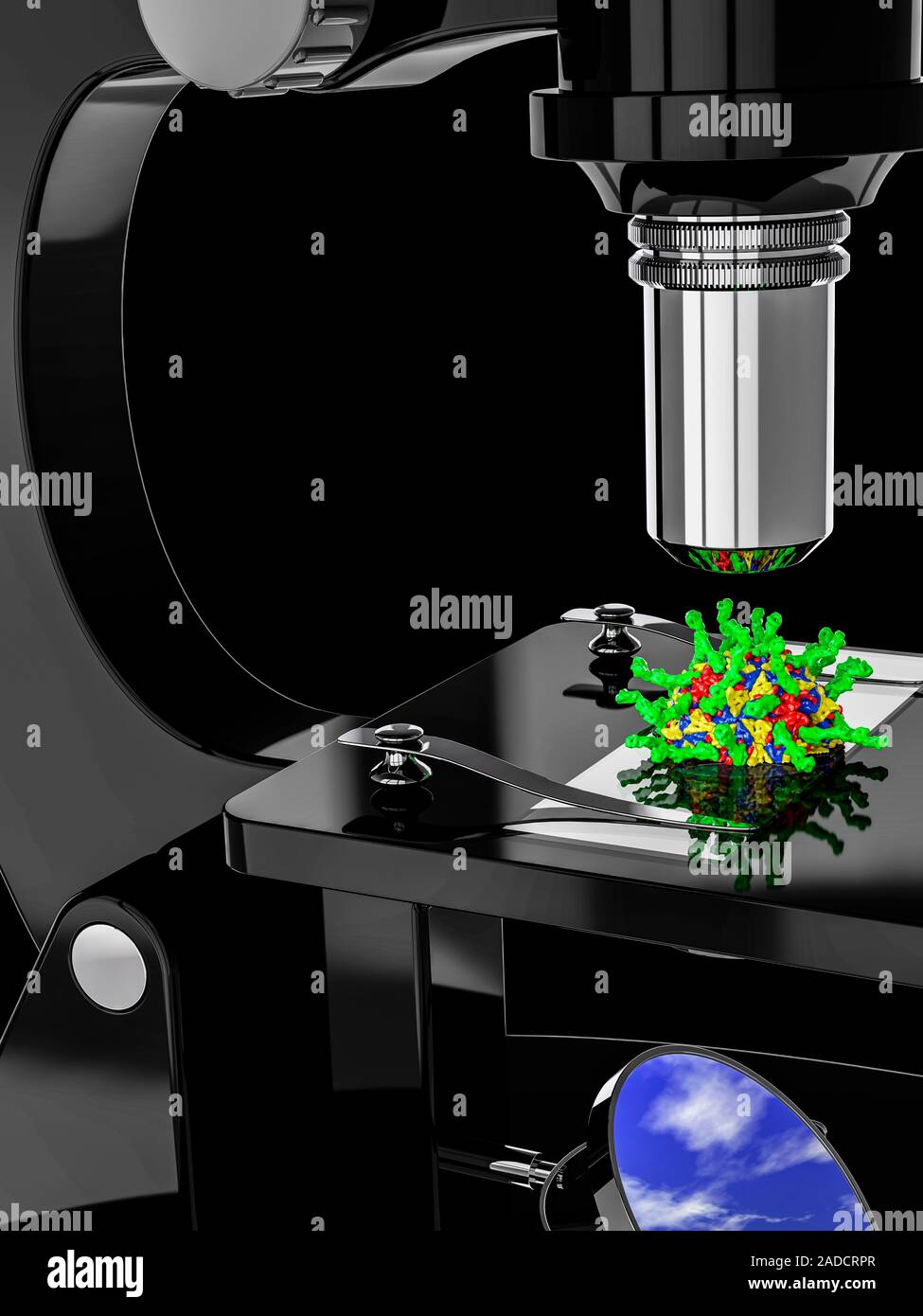 Human poliovirus undr microscope. Computer model of the capsid of the ...
