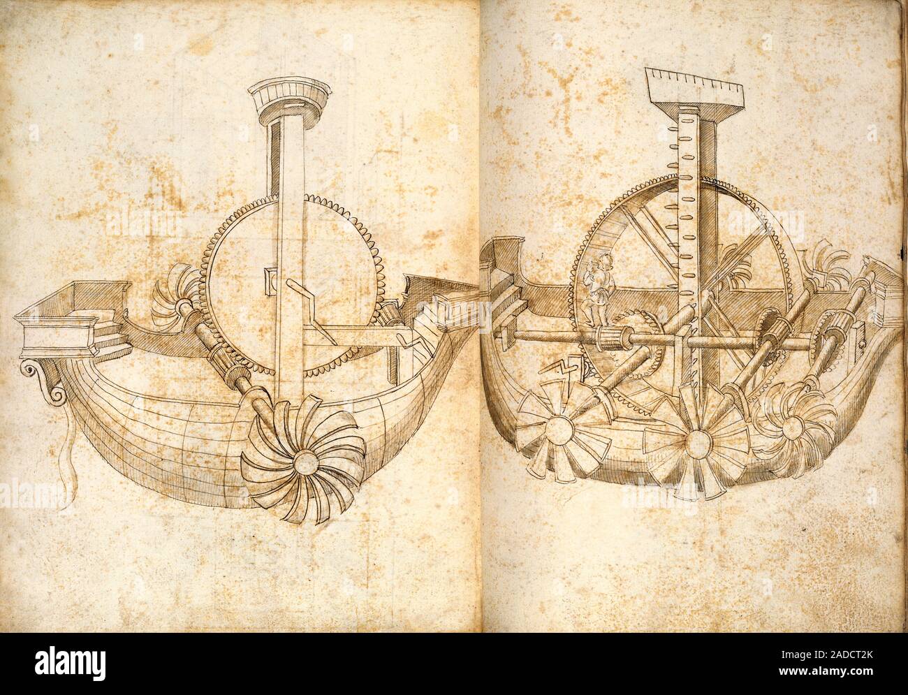 Water transport mechanisms. 15th-century illustration of paddle ...