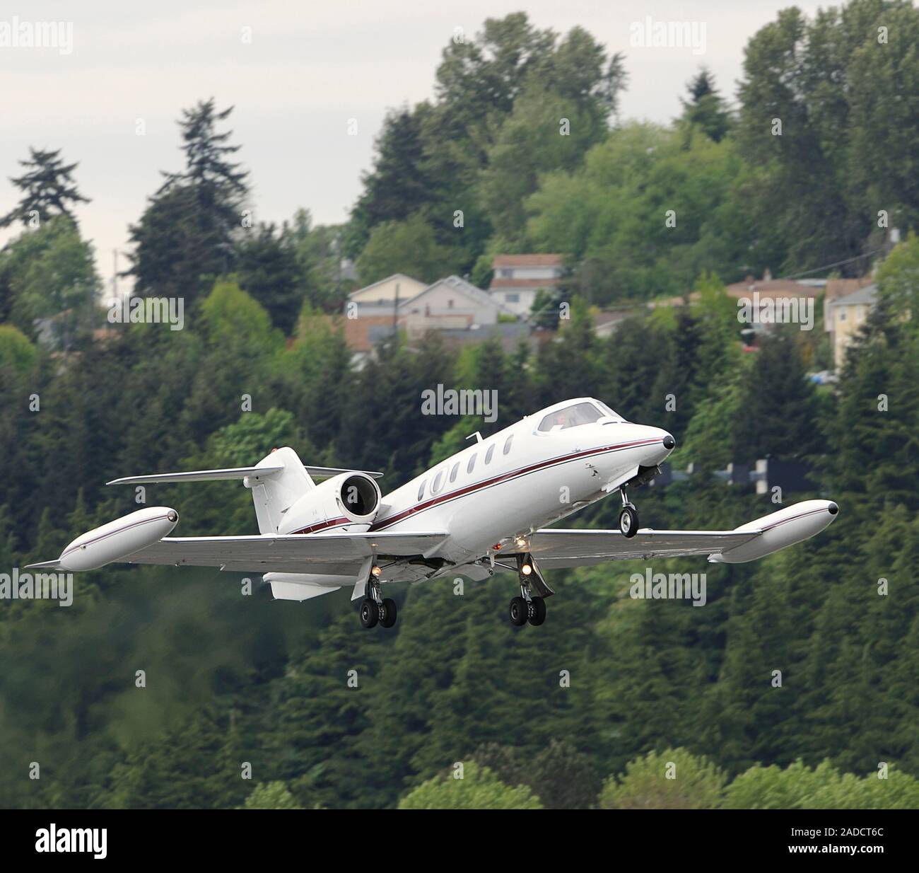 Executive Flight Bombardier Learjet 35A taking-off with trees and ...