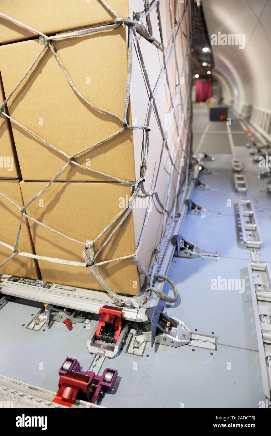 Boxes on pallet with cargo net and fixings on the floor of Airbus A330 ...