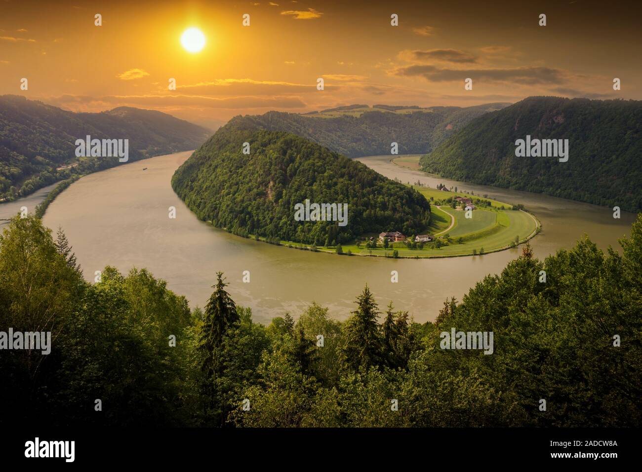 Danube river winding in the austrian plains. Beautiful sunset Stock ...