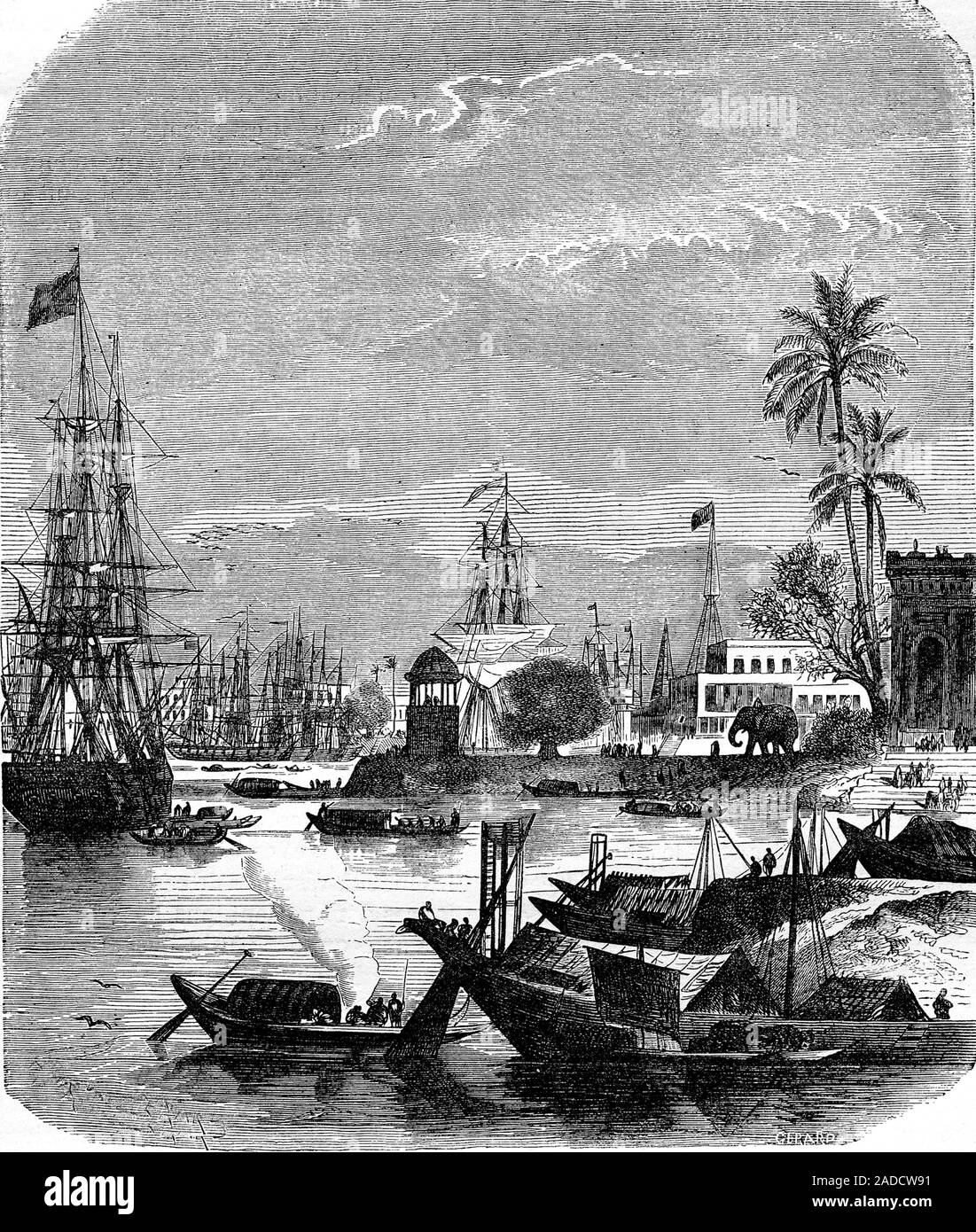 Calcutta harbour. 1872 illustration of ships on the Hooghly River, in ...