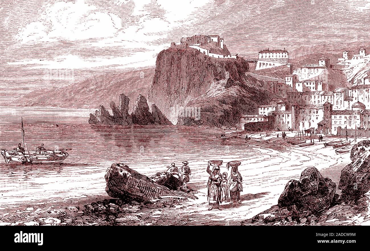 Strait of Messina, Italy. 1859 illustration of a town and cove on the ...