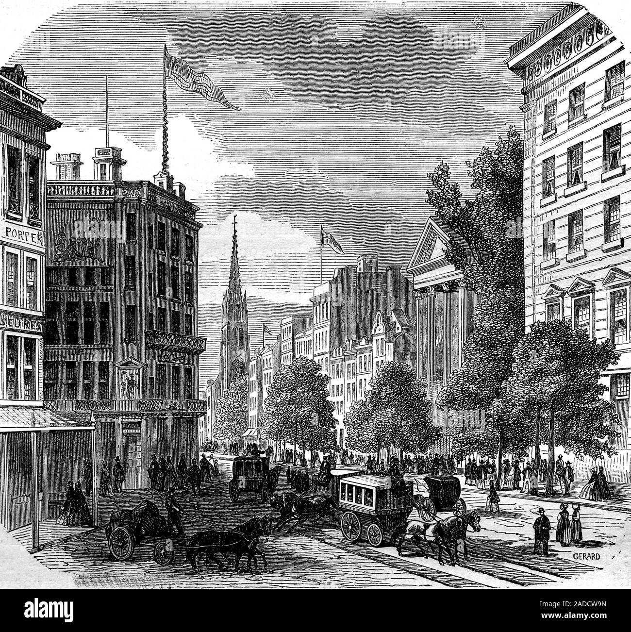 Broadway, New York City. 1889 illustration of Broadway, New York City ...