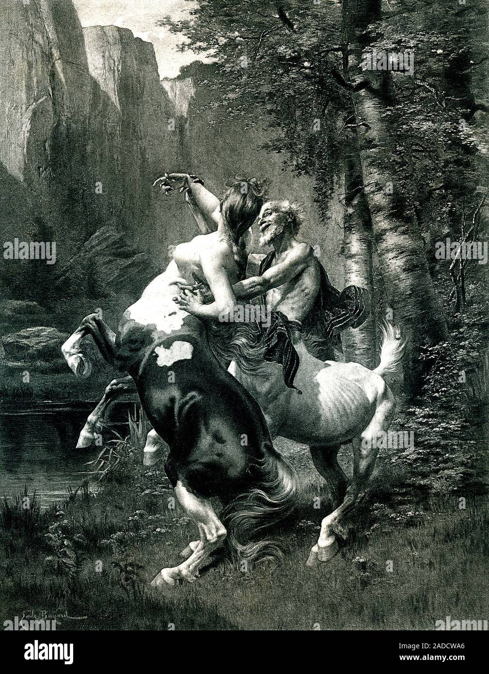 Centaurs. 1890 reproduction of an engraving by French illustrator Emile ...