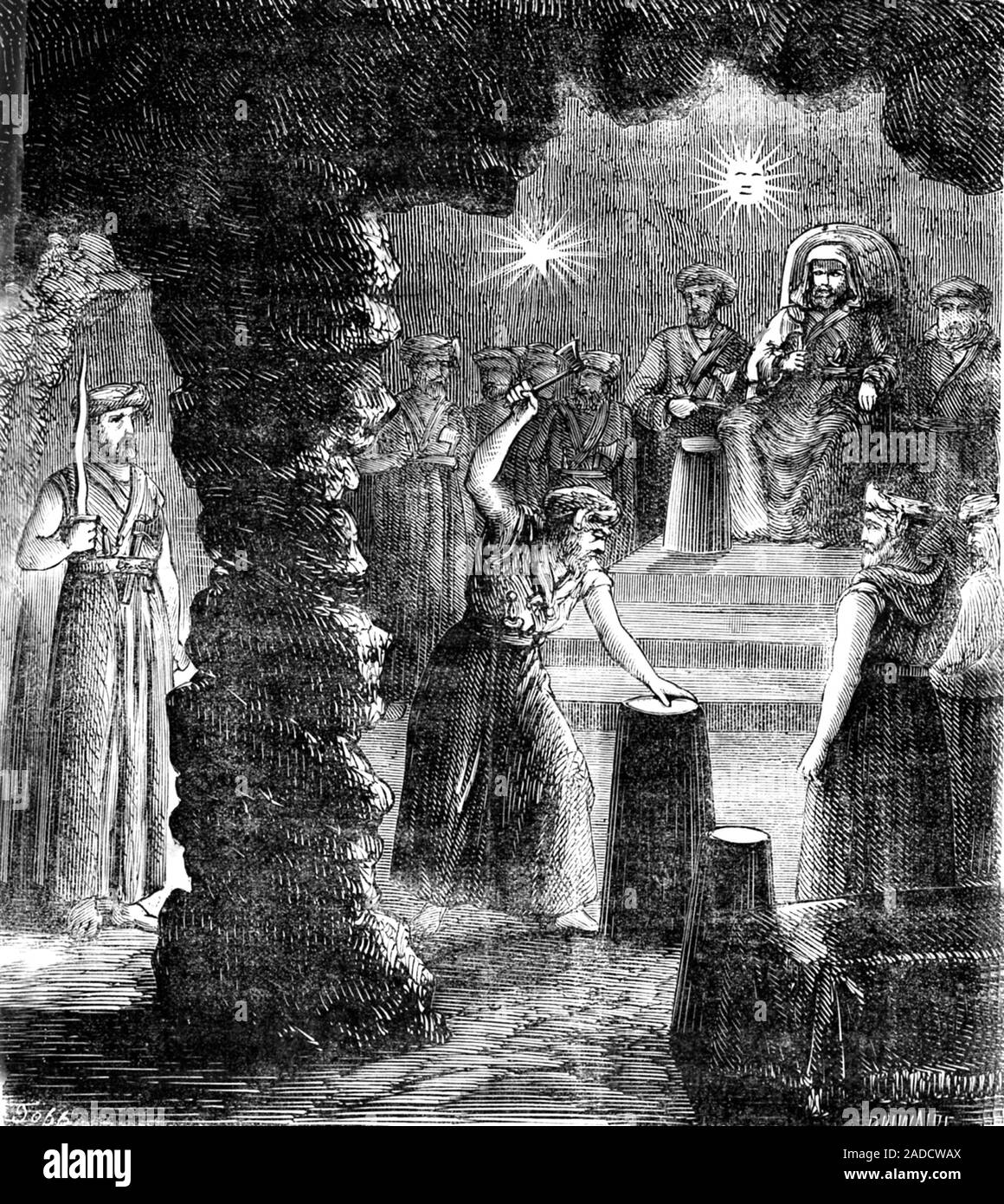 Carbonari society initiation. 1879 illustration showing members of the ...