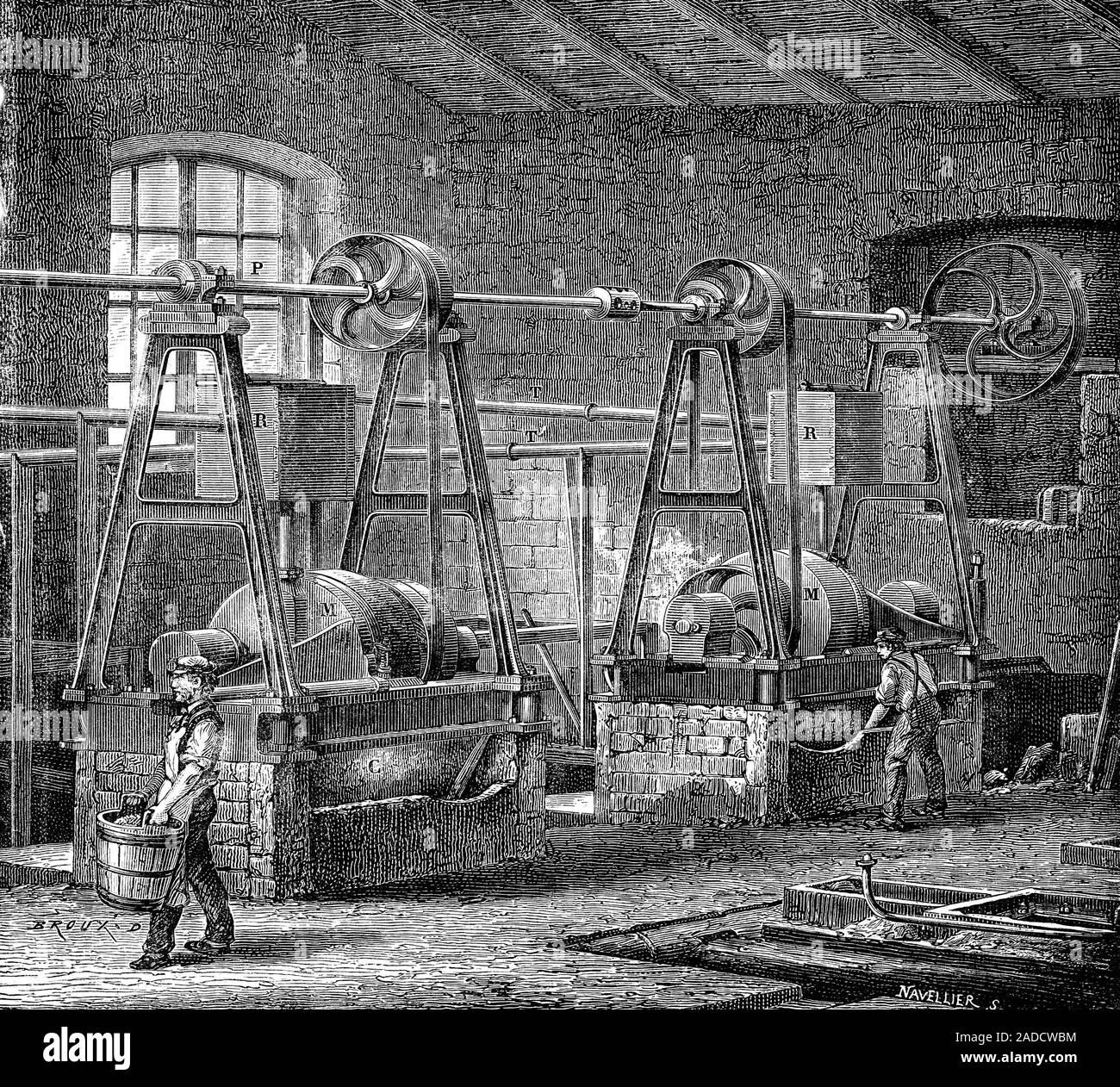 19th Century paper factory. 1867 illustration of a Berges machine being ...