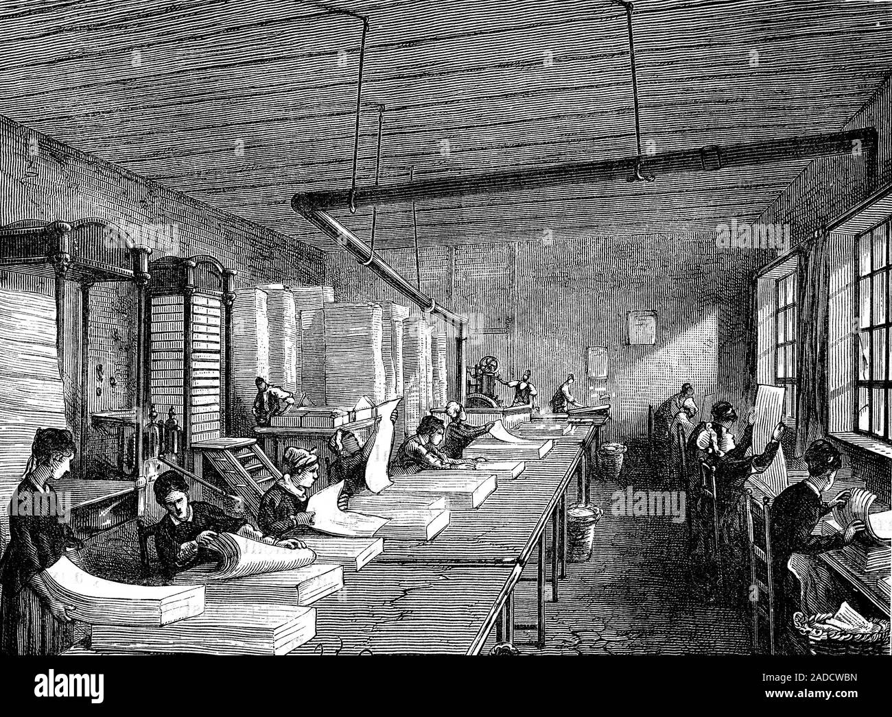 19th Century paper factory. 1867 illustration of women working and ...