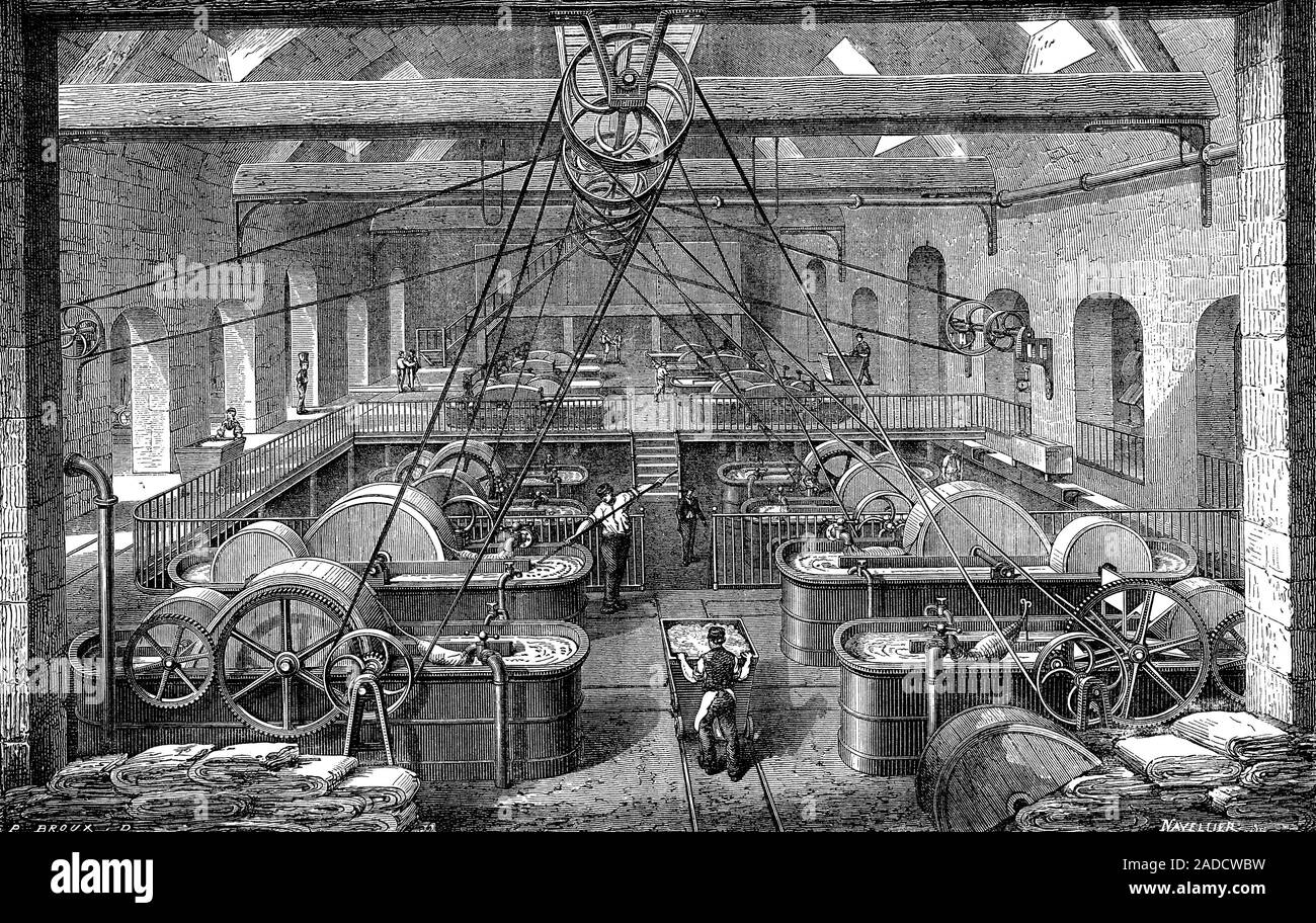 19th Century paper factory. 1867 illustration of the interior of a 19th ...