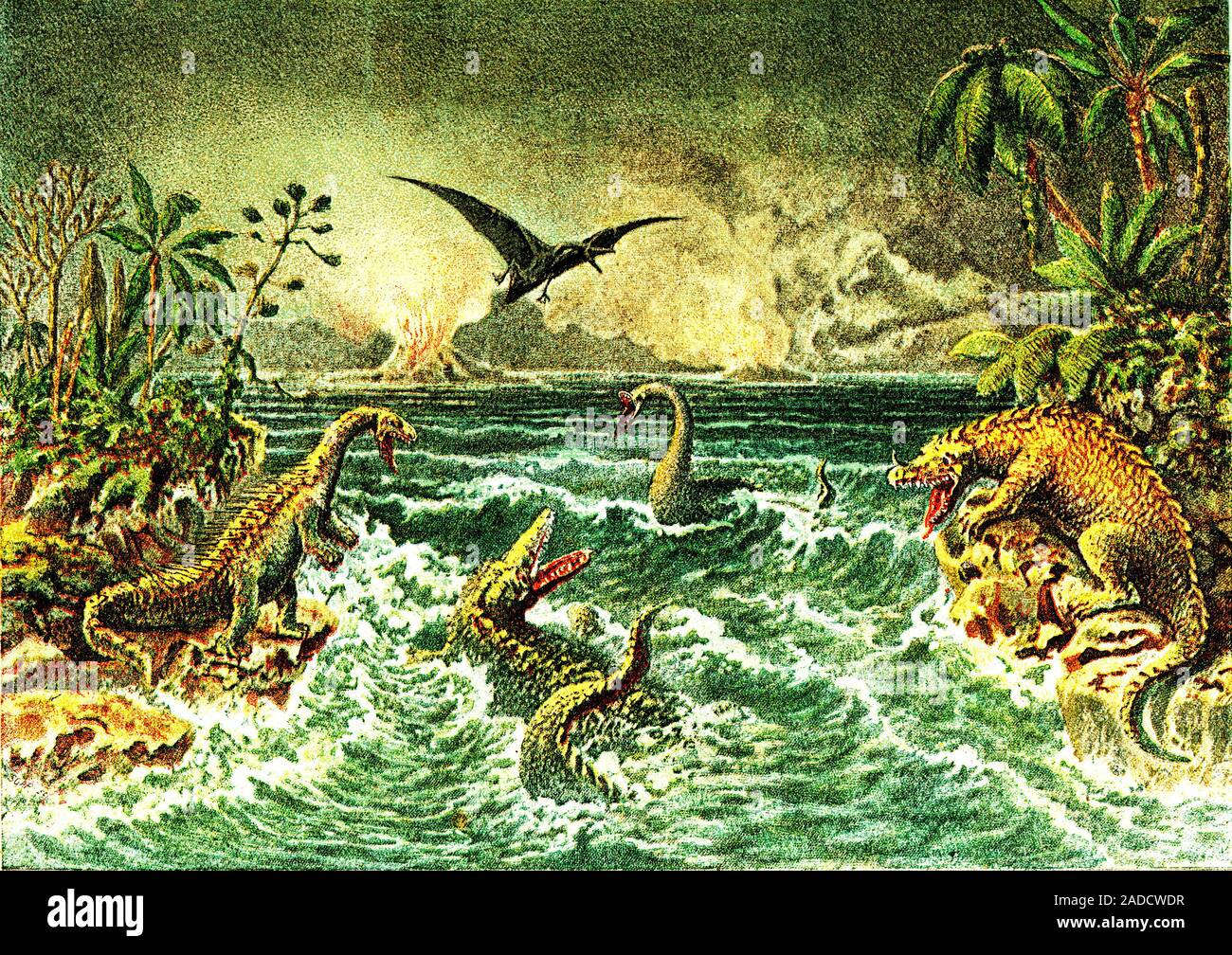 Prehistoric world. 1886 illustration showing a volcanic Mesozoic Era ...