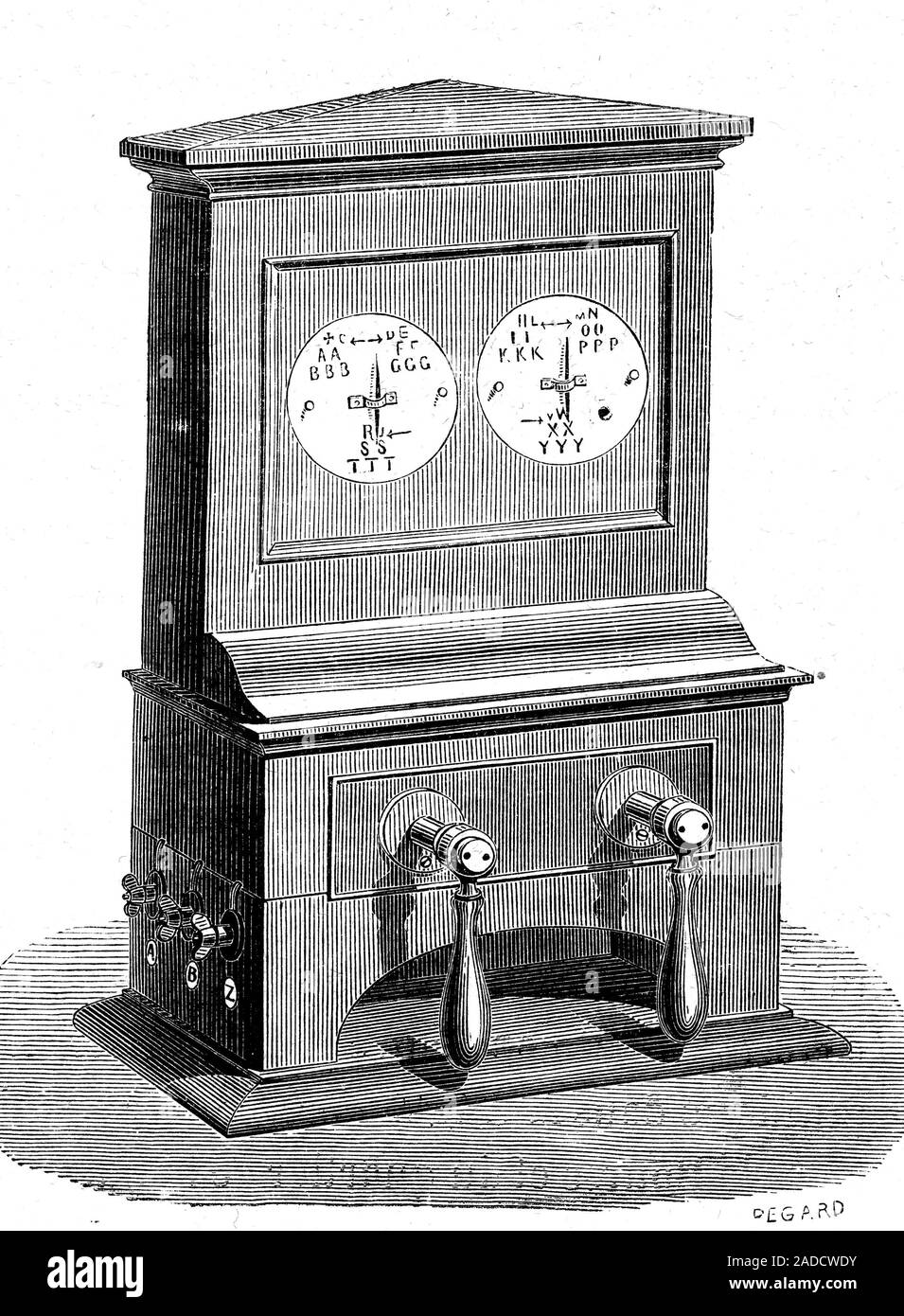 Early electric telegraph machine. 1868 illustration of an early ...