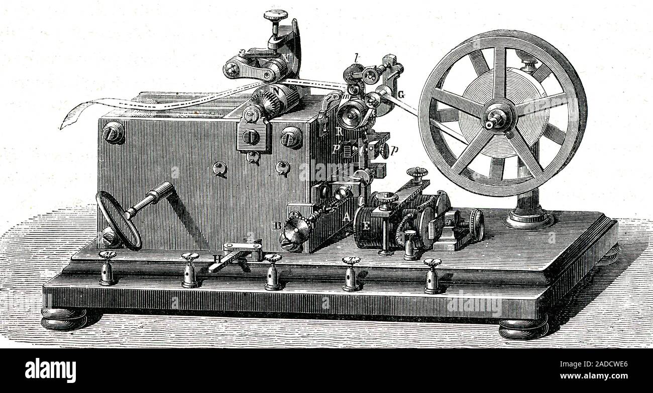 Early telegraph printing receiver. 1868 illustration of an early ...