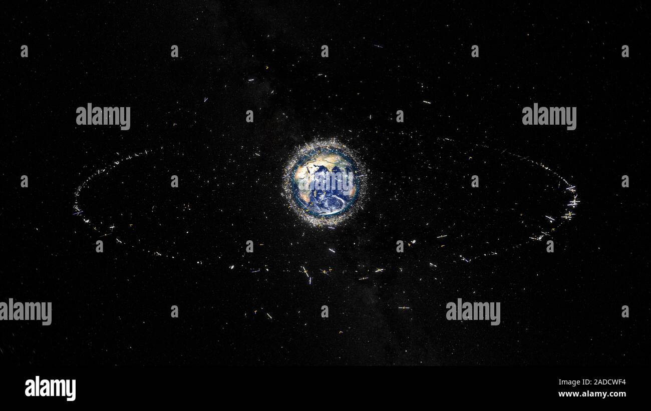 Satellites and space debris. Illustration of satellites, rocket bodies ...