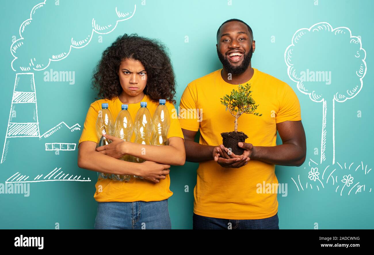 Pollution versus nature. Girl unhappy with plastic garbage and boy ...