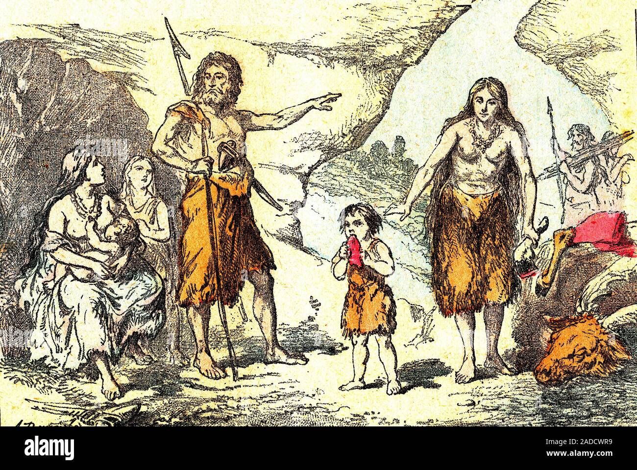 Prehistoric humans. 1885 illustration by A. Demarle, of a prehistoric ...