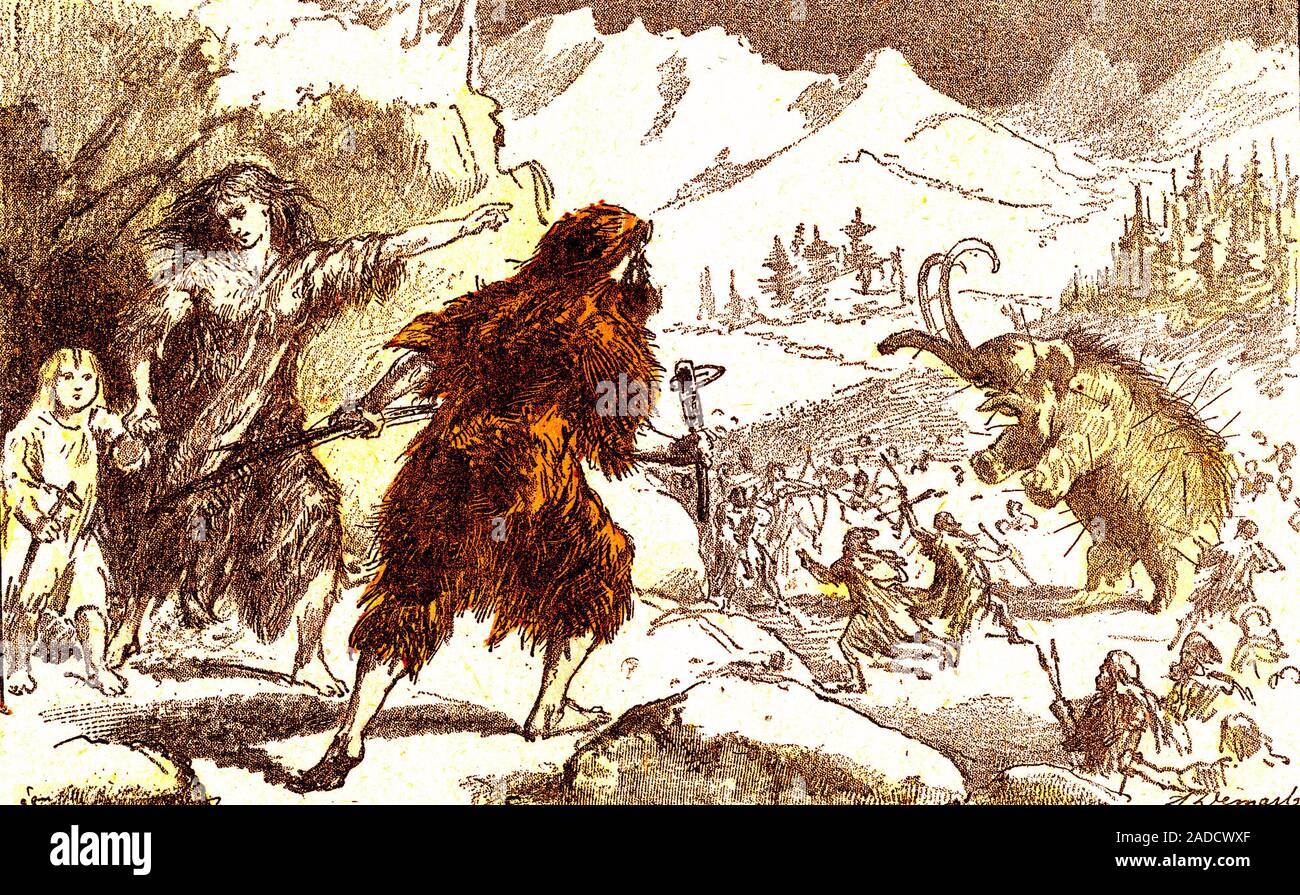 Prehistoric humans. 1885 illustration by A. Demarle, of a prehistoric ...